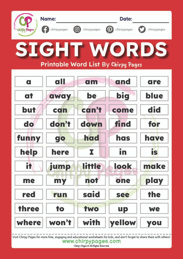 High Frequency Sight Words List – Free Printable - Chirpy Pages