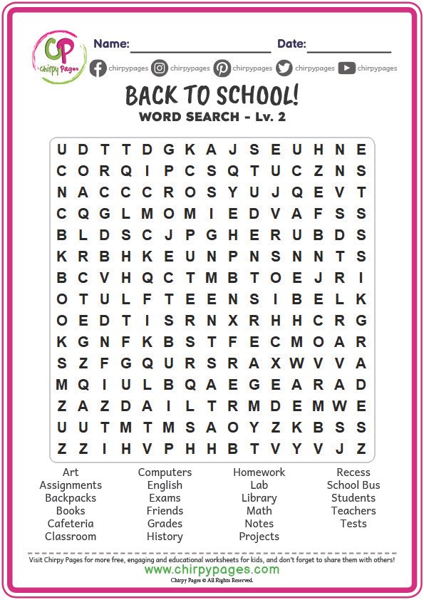 Back To School Word Search Puzzles Printable PDF - Chirpy Pages