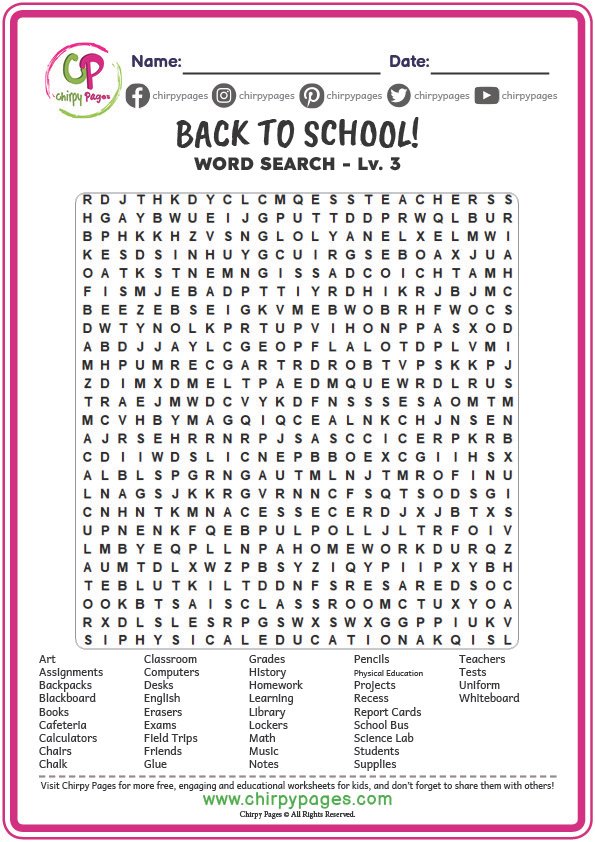 Back To School Word Search Puzzles Printable PDF - Chirpy Pages
